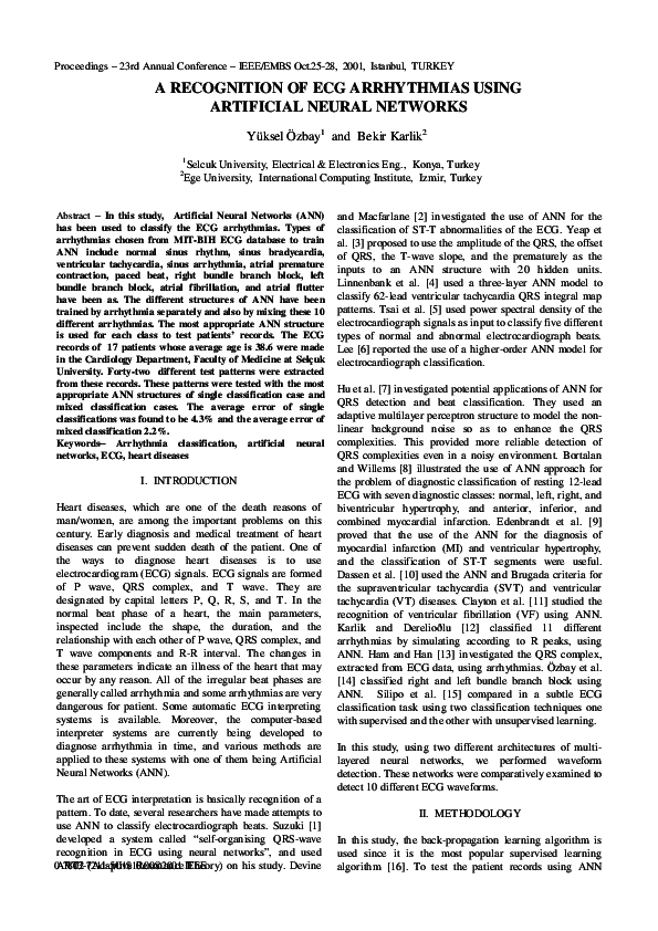 Pdf A Recognition Of Ecg Arrhythmias Using Artificial Neural Networks