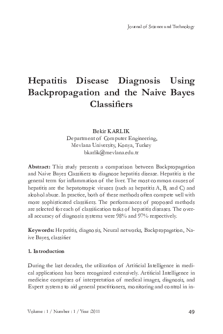 (PDF) Hepatitis Disease Diagnosis Using Backpropagation and the Naive Bayes Classifiers