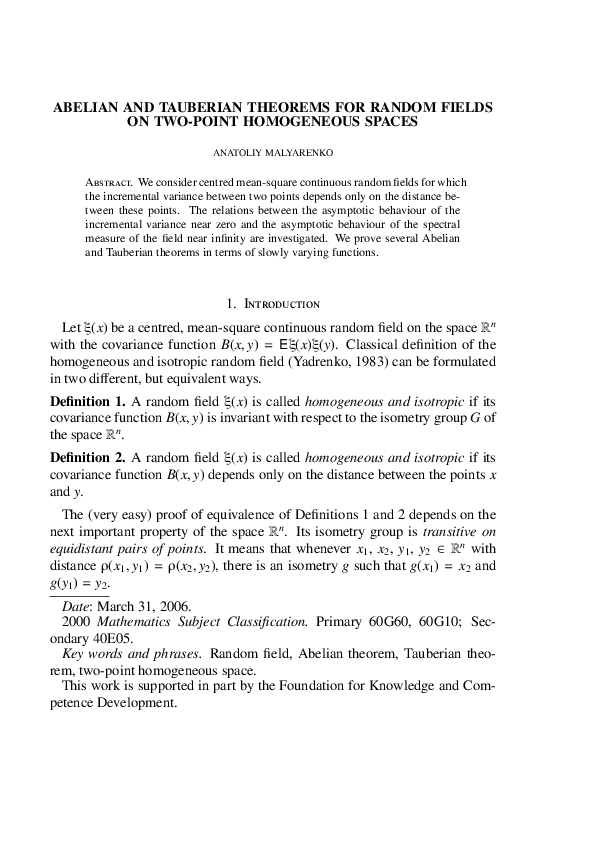 (PDF) Abelian and Tauberian theorems for random fields on two-point homogeneous spaces