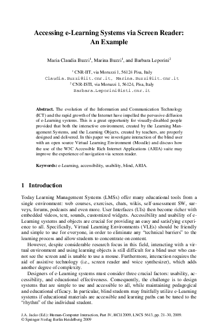 (PDF) Accessing e-Learning Systems via Screen Reader: An Example
