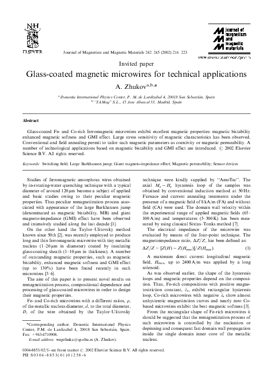 (PDF) Glass-coated magnetic microwires for technical applications