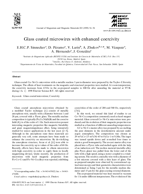 (PDF) Glass coated microwires with enhanced coercivity