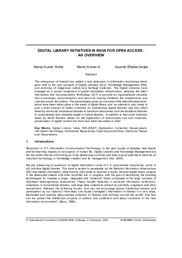 (PDF) Digital Library Initiatives in India for Open Access: An Overview