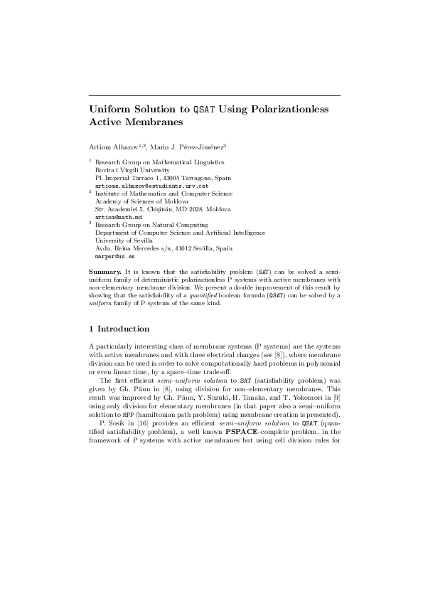 (PDF) Uniform Solution of QSAT Using Polarizationless Active Membranes