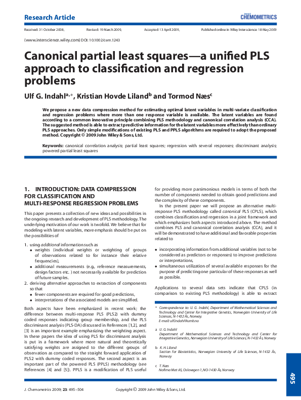 Pdf Canonical Partial Least Squares A Unified Pls Approach To Classification And Regression