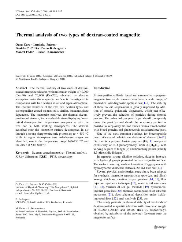 (PDF) Thermal analysis of two types of dextran-coated magnetite