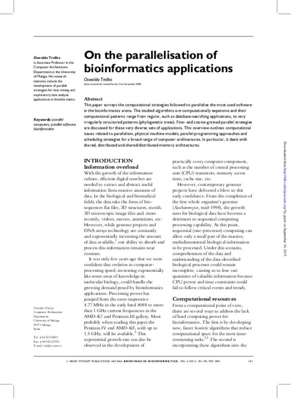 Pdf On The Parallelisation Of Bioinformatics Applications Oswaldo Trelles