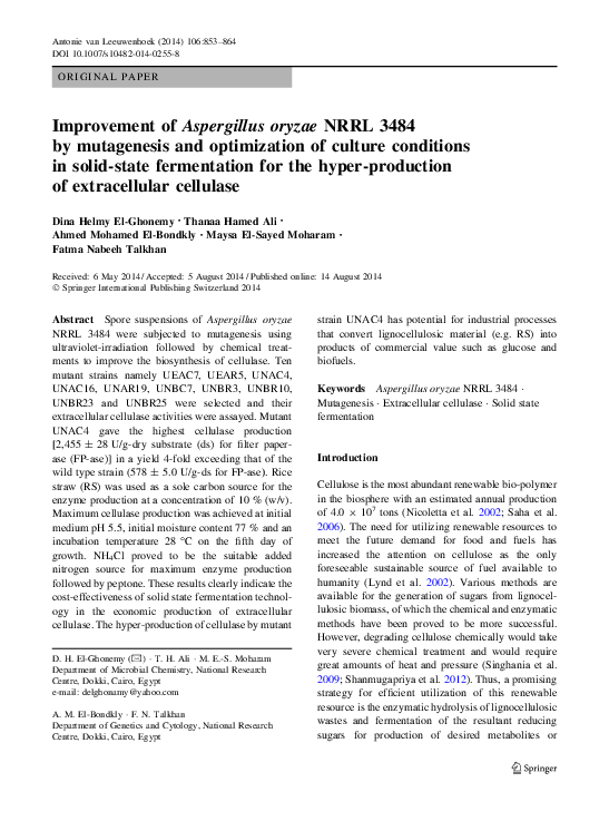 (PDF) Improvement of Aspergillus oryzae NRRL 3484 by mutagenesis and optimization of culture ...