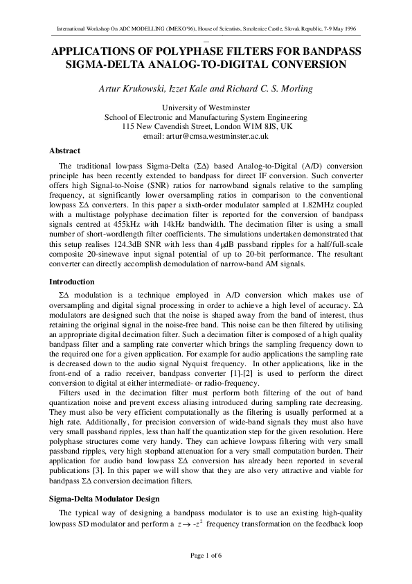 (PDF) APPLICATIONS OF POLYPHASE FILTERS FOR BANDPASS SIGMA-DELTA ANALOG-TO-DIGITAL CONVERSION