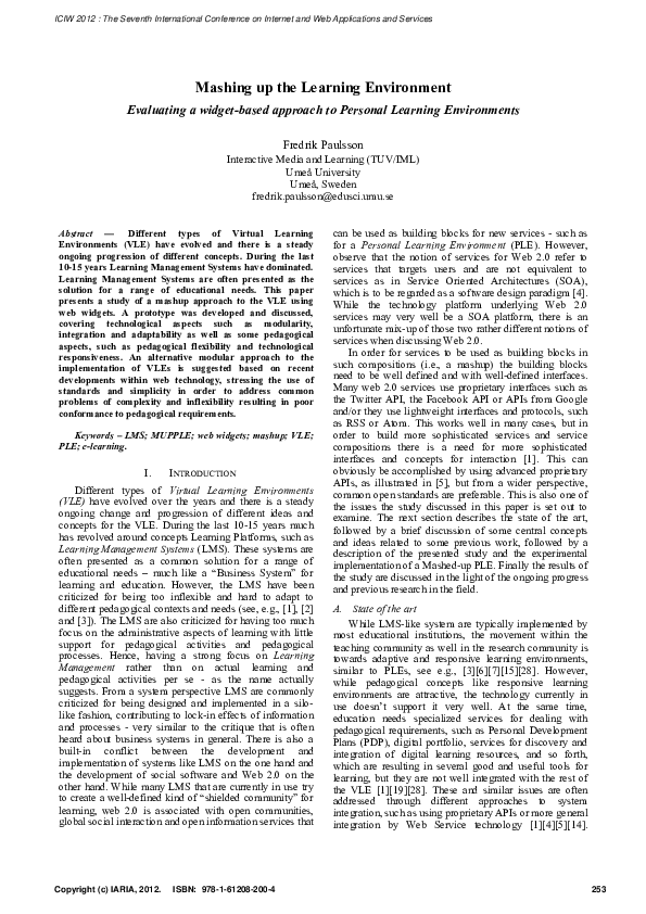 Pdf Mashing Up The Learning Environment Evaluating A Widget Based Approach To Personal