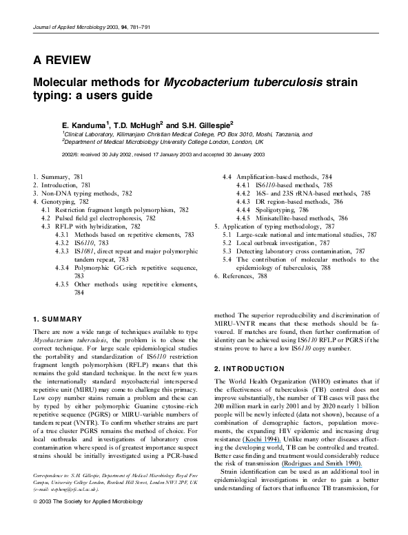 (PDF) Molecular methods for Mycobacterium tuberculosis strain typing: a users guide