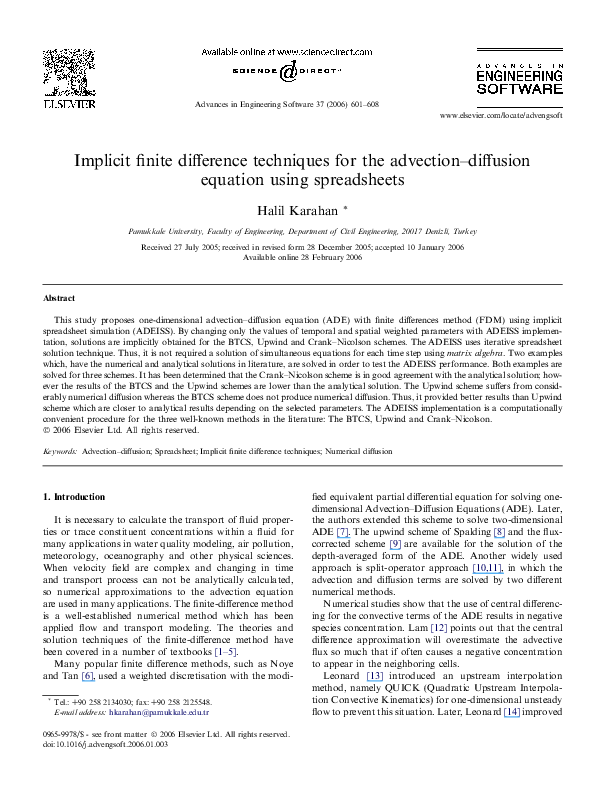 Pdf Implicit Finite Difference Techniques For The Advection Diffusion