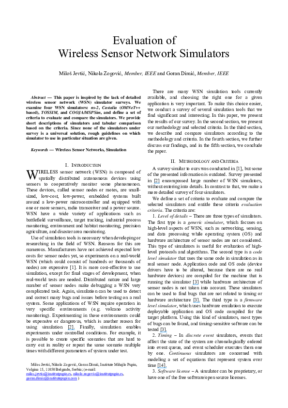 (PDF) Evaluation of Wireless Sensor Network Simulators