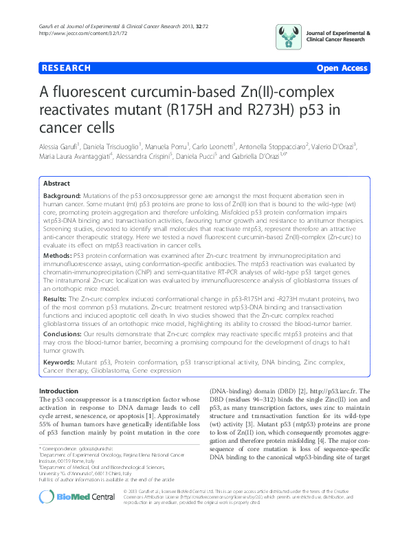 (PDF) A fluorescent curcumin-based Zn(II)-complex reactivates mutant ...