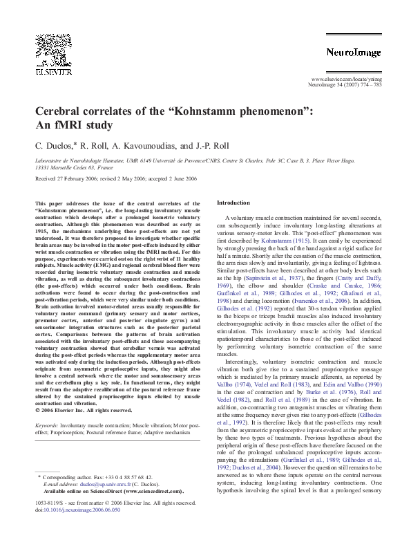 (PDF) Cerebral correlates of the "Kohnstamm phenomenon": An fMRI study
