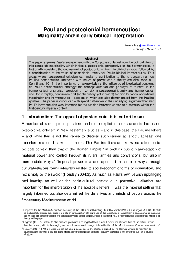 (PDF) Paul and Postcolonial Hermeneutics: Marginality and/in Early Biblical Interpretation (2Cor ...