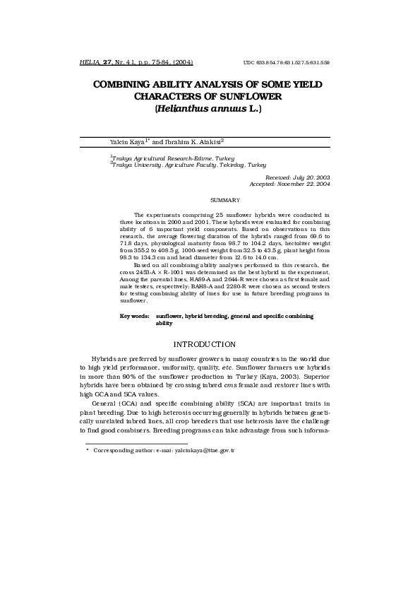 (PDF) Combining ability analysis of some yield characters of sunflower, Helianthus annuus L