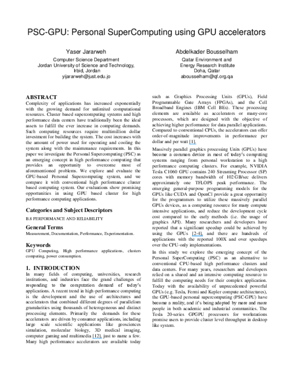 (PDF) PSC-GPU: Personal SuperComputing using GPU accelerators | Yaser Jararweh - Academia.edu