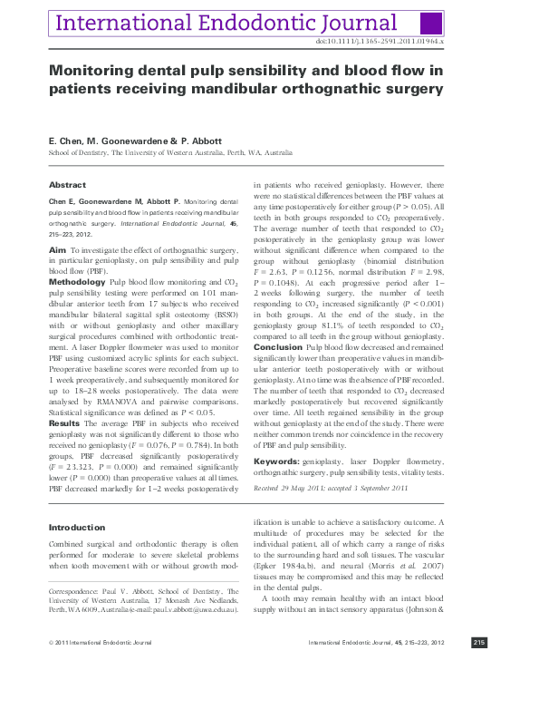 (PDF) Monitoring dental pulp sensibility and blood flow in patients ...