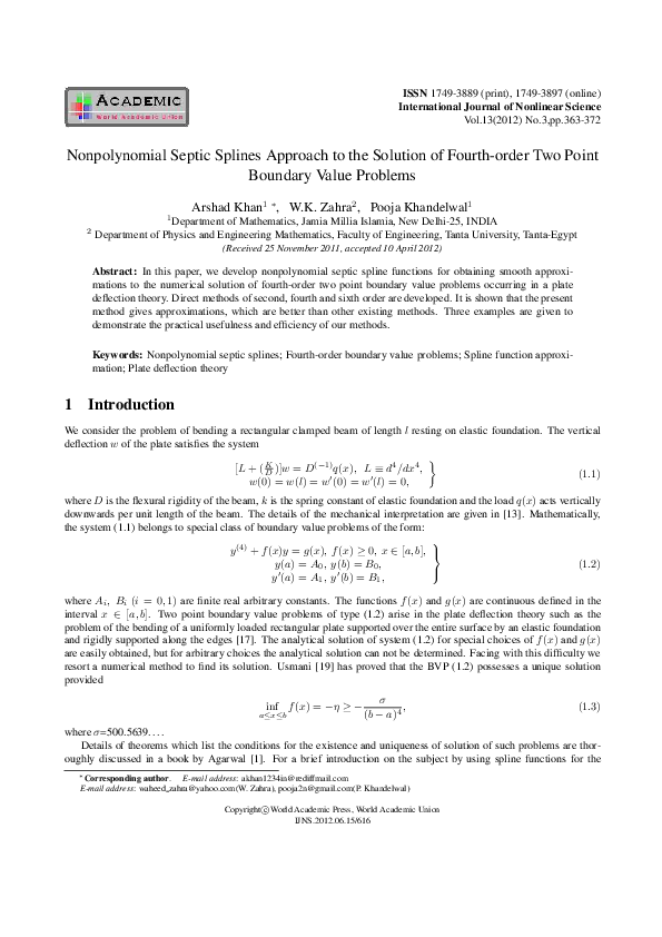 (PDF) Nonpolynomial Septic Splines Approach to the Solution of Fourth-order Two Point Boundary ...