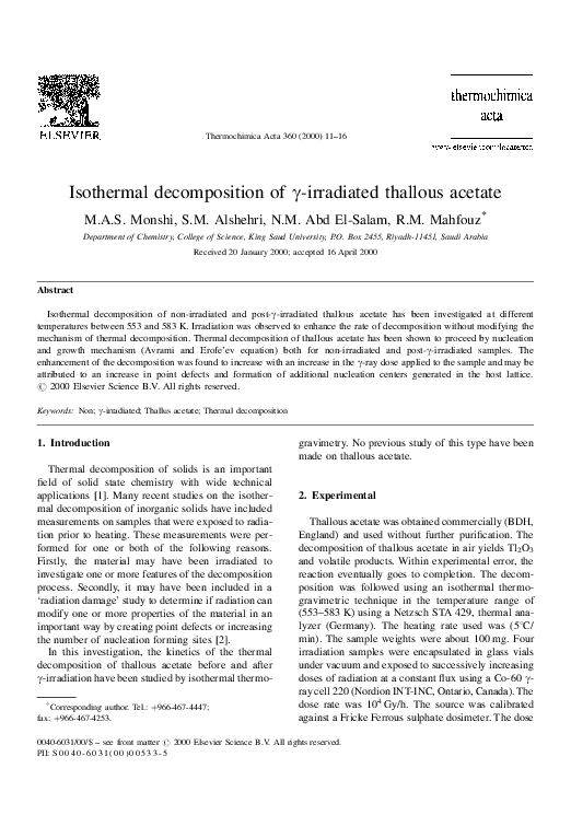 (PDF) Isothermal decomposition of γ-irradiated thallous acetate