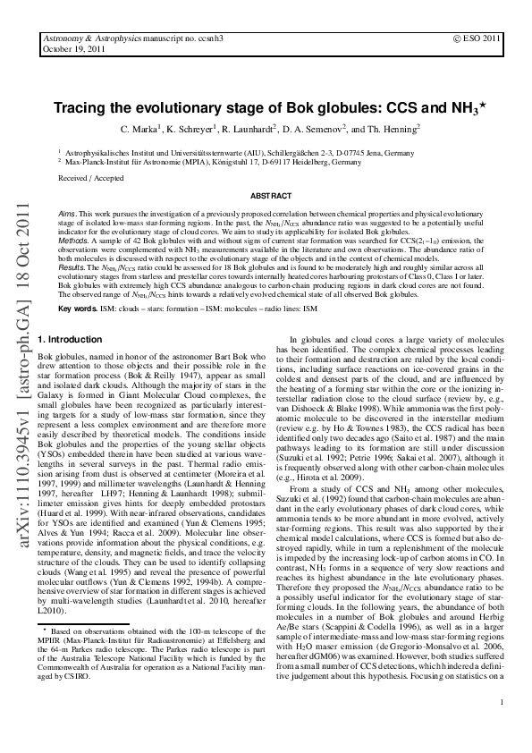 (PDF) Tracing the evolutionary stage of Bok globules: CCS and NH 3