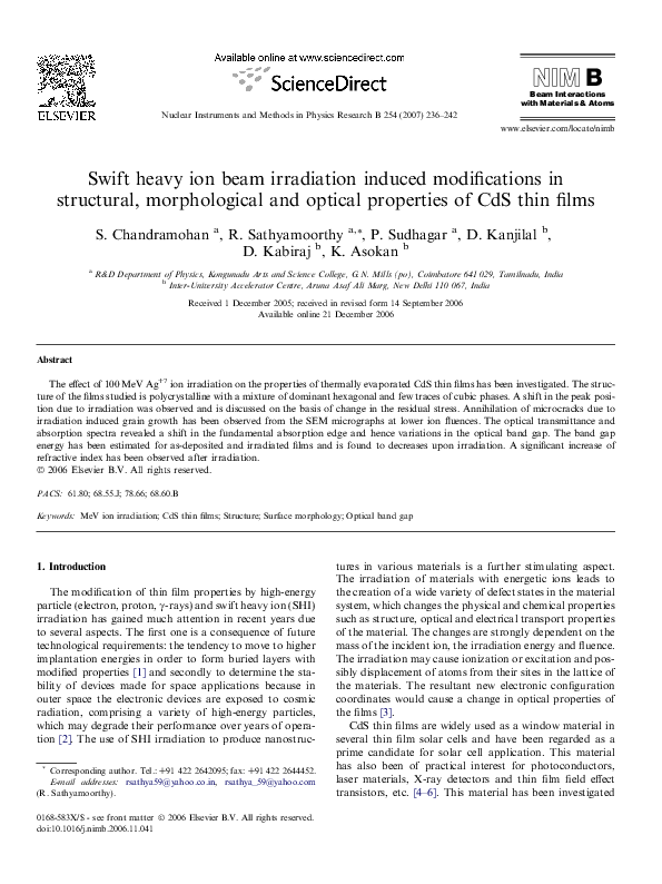 (PDF) Swift heavy ion beam irradiation induced modifications in structural, morphological and ...