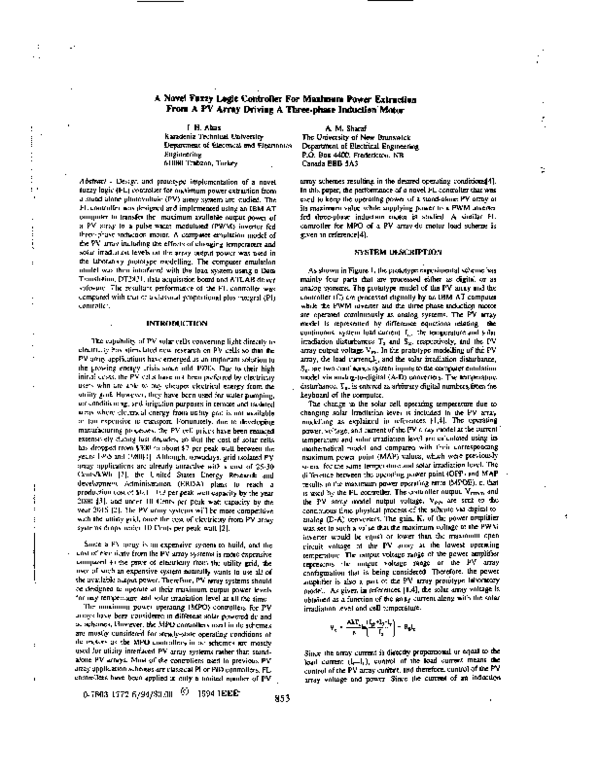 Pdf A Novel Fuzzy Logic Controller For Maximum Power Extraction From A Pv Array Driving A