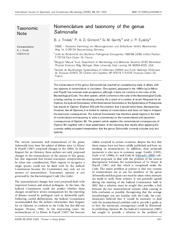 (PDF) Nomenclature and taxonomy of the genus Salmonella