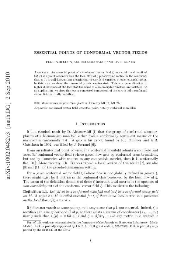 Pdf The Zero Set Of Conformal Vector Fields Liviu Ornea