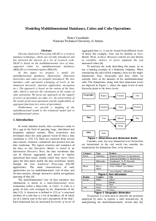 Pdf Modeling Multidimensional Databases Cubes And Cube Operations