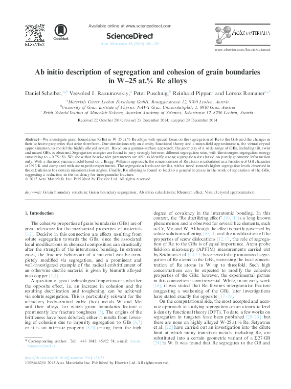 (PDF) Ab initio description of segregation and cohesion of grain boundaries in W–25at.% Re alloys