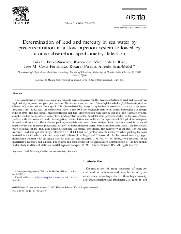 Pdf Determination Of Lead And Mercury In Sea Water By Preconcentration In A Flow Injection
