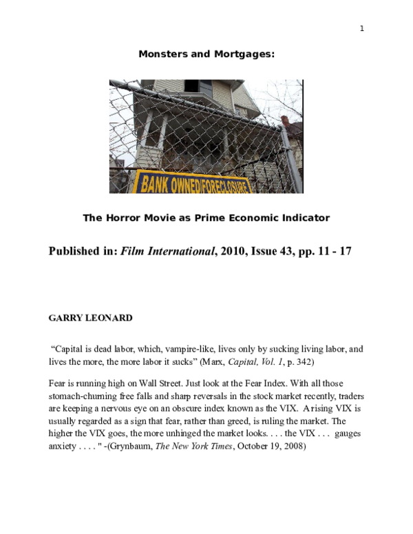 (DOC) Monsters and Mortgages: The Horror Movie as Prime Economic Indicator