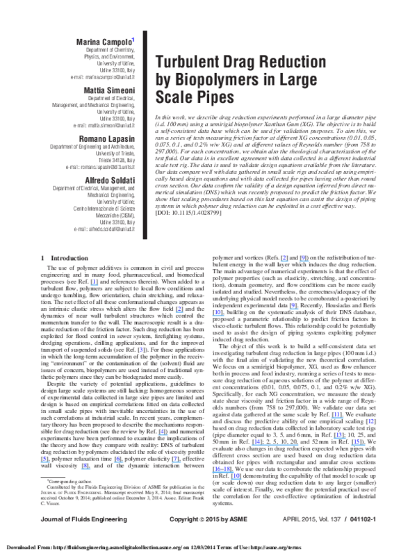 Pdf Turbulent Drag Reduction By Biopolymers In Large Scale Pipes