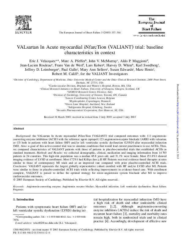 (PDF) VALsartan In Acute myocardial iNfarcTion (VALIANT) trial ...