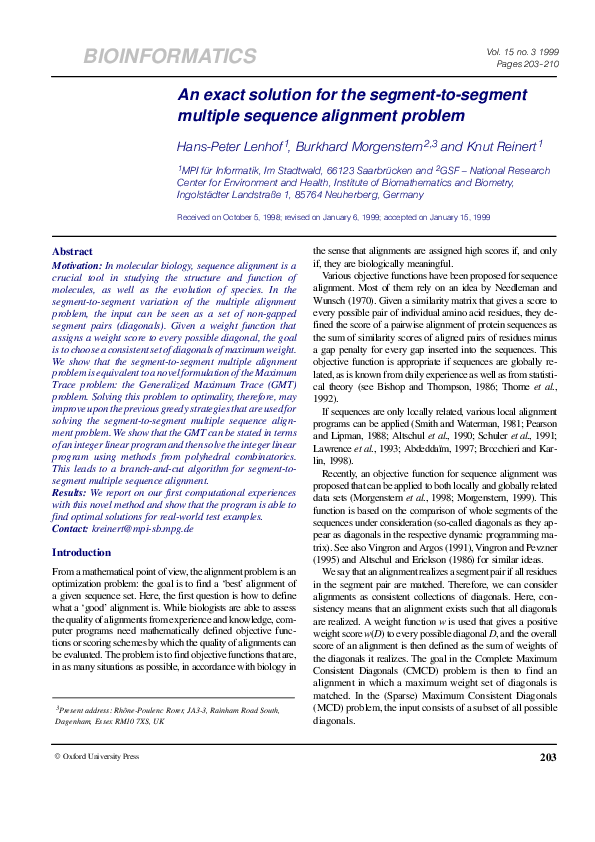 Pdf An Exact Solution For The Segment To Segment Multiple Sequence Alignment Problem 