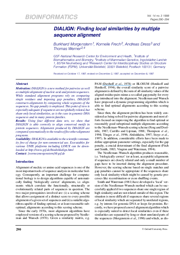 (PDF) DIALIGN: finding local similarities by multiple sequence alignment | Burkhard Morgenstern ...