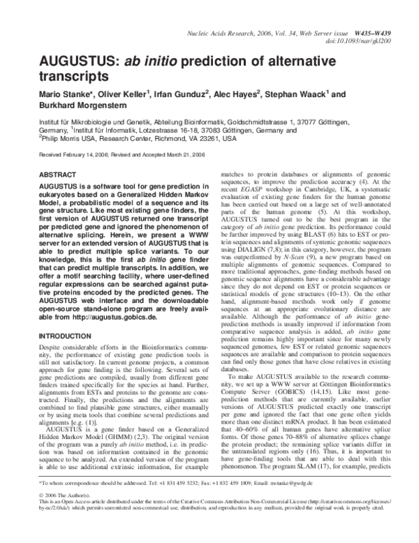 Pdf Augustus Ab Initio Prediction Of Alternative Transcripts
