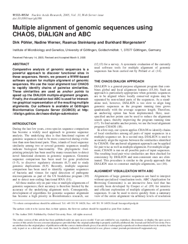 (PDF) Multiple alignment of genomic sequences using CHAOS, DIALIGN and ABC