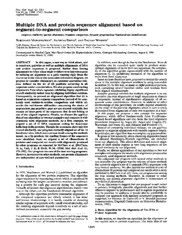 Pdf Multiple Dna And Protein Sequence Alignment Based On Segment To Segment Comparison 0538