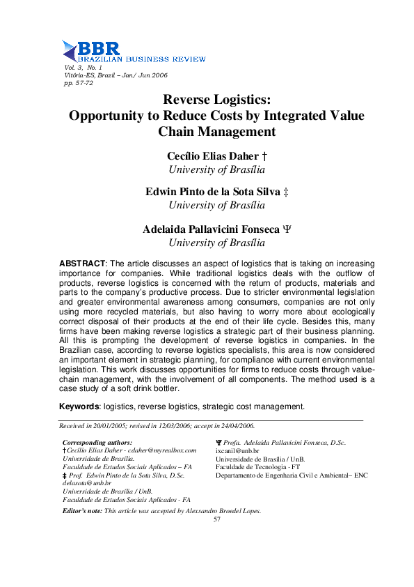 (PDF) Reverse Logistics:Opportunity to Reduce Costs by Integrated Value Chain Management