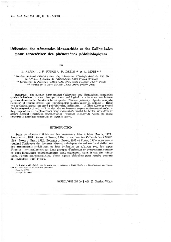 (PDF) Utilisation des nématodes Mononchida et des collemboles pour ...