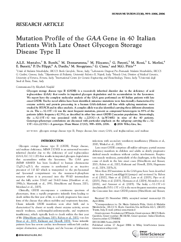 (PDF) Mutation profile of theGAA gene in 40 Italian patients with late ...