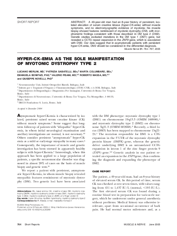 (PDF) Hyper-CK-emia as the sole manifestation of myotonic dystrophy type 2