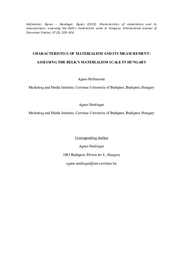(PDF) Characteristics of materialism and its measurement: assessing the ...