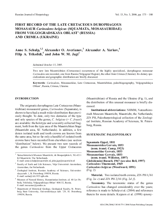 (PDF) First record of the Late Cretaceous durophagous mosasaur ...