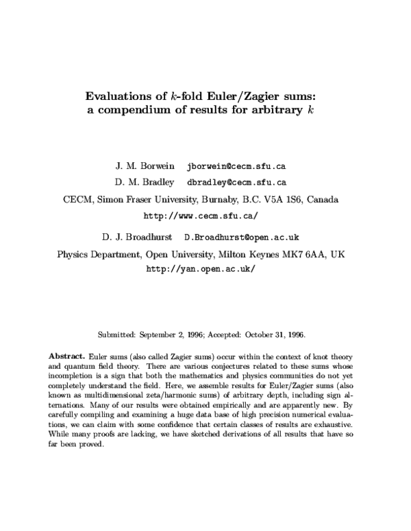 (PDF) Evaluations of k-fold Euler/Zagier sums: a compendium of results for arbitrary k