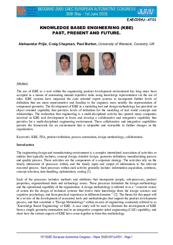 (PDF) EAEC05YU-AT01 KNOWLEDGE BASED ENGINEERING (KBE) PAST, PRESENT AND FUTURE