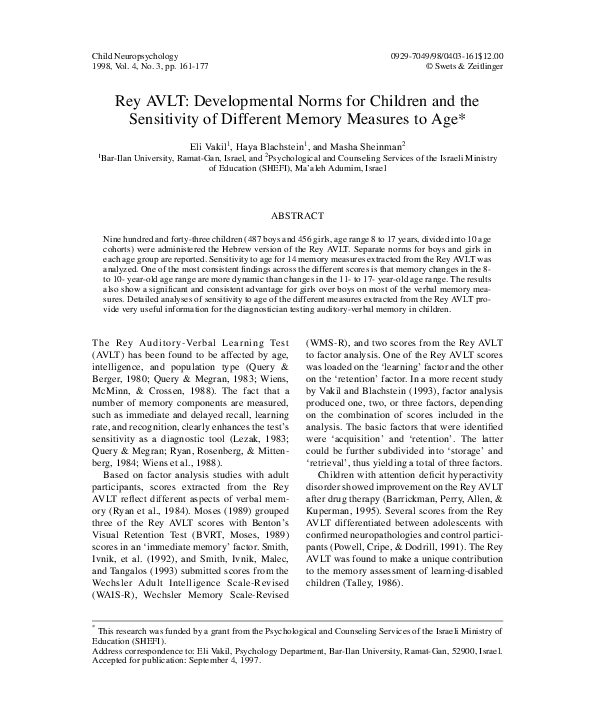 (PDF) Rey AVLT: Developmental Norms for Children and the Sensitivity of ...